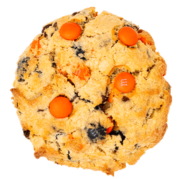 Brown sugar cookie mixed with dark chocolate chips, orange & black M&Ms.